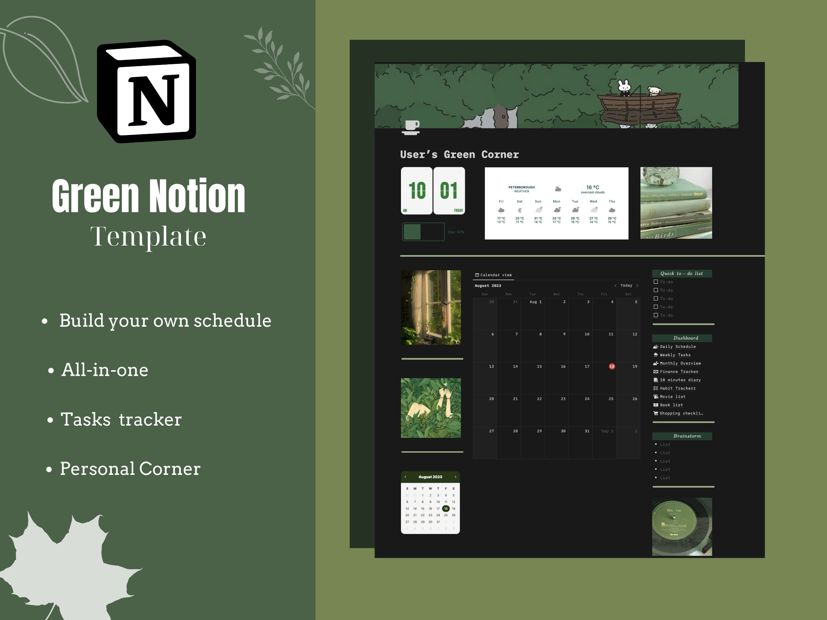 Dark Mode Green Cozy Notion | Notion Planner | Notion Template | Notion ...