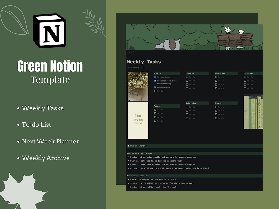 Dark Mode Green Cozy Notion | Notion Planner | Notion Template | Notion ...