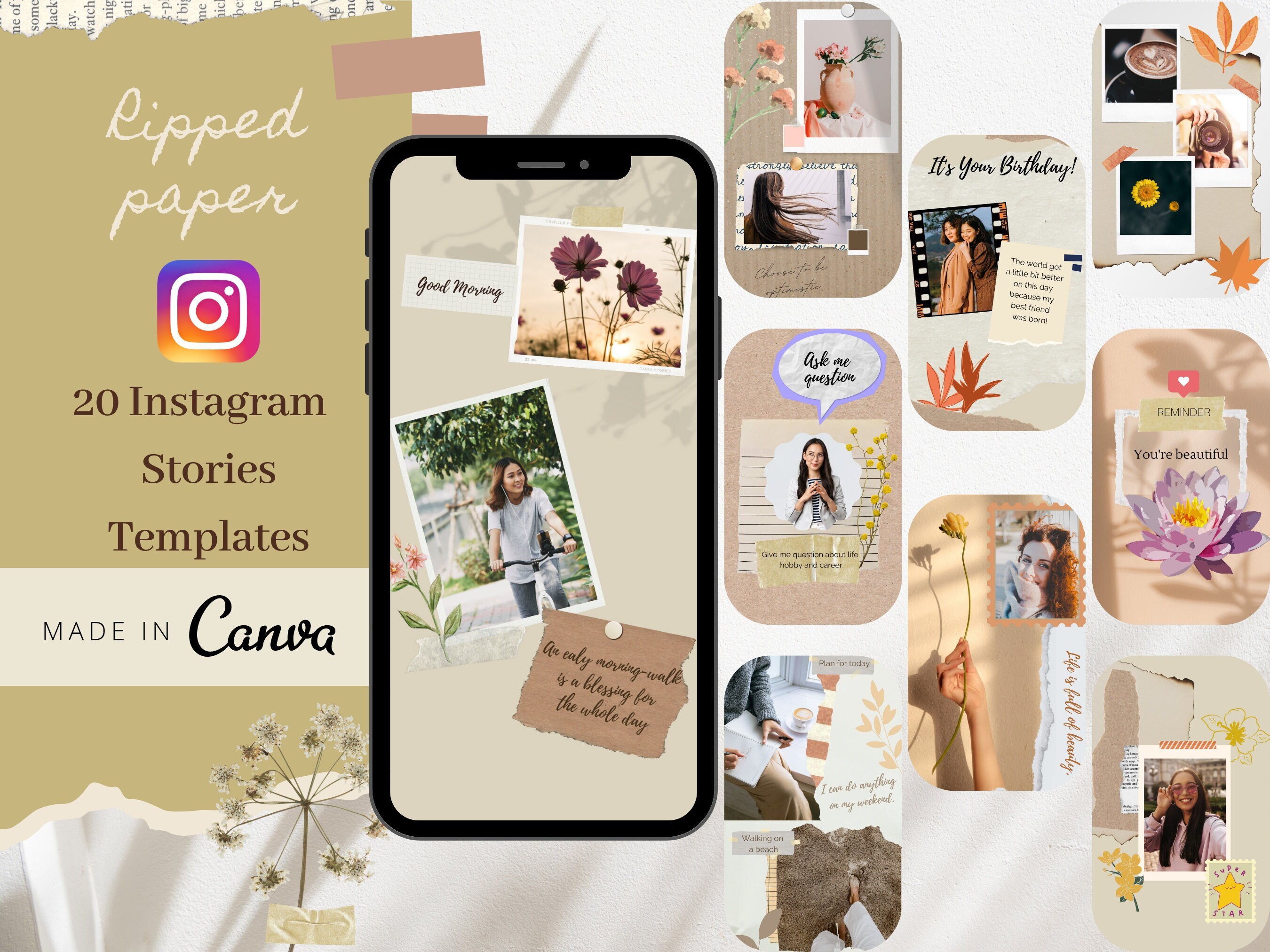 20 Instagram Stories Templates | Aesthetic Ripped Paper and Floral ...