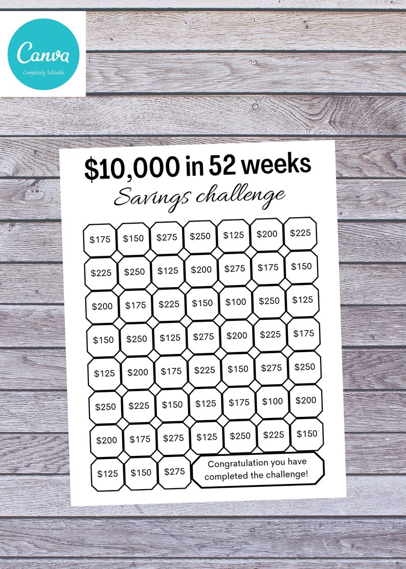 10,000 in 52 Weeks Savings Challenge, Saving Challenge for One Year ...