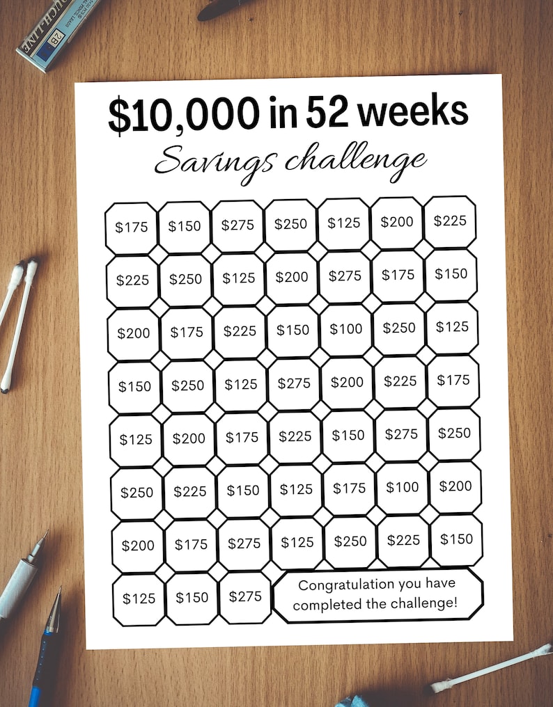 10,000 in 52 Weeks Savings Challenge, Saving Challenge for One Year ...