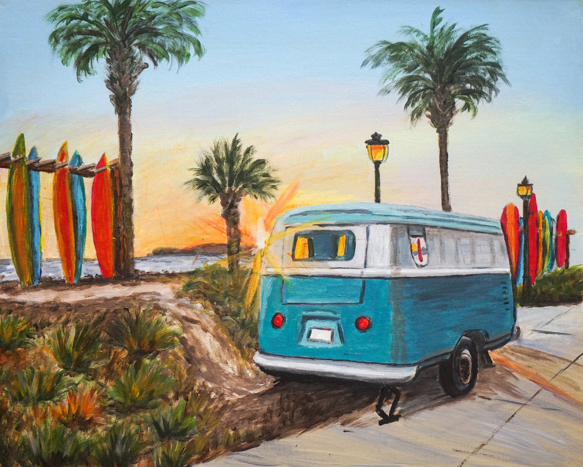 Original Framed Camper Van Beach Painting, Original Sunset Surf Van ...