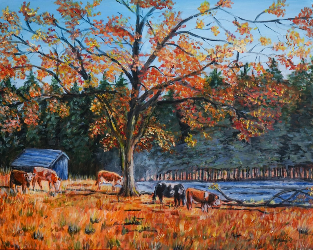 Autumn Pasture With Cows Print, Fall Meadow Print, Cows in Pasture ...