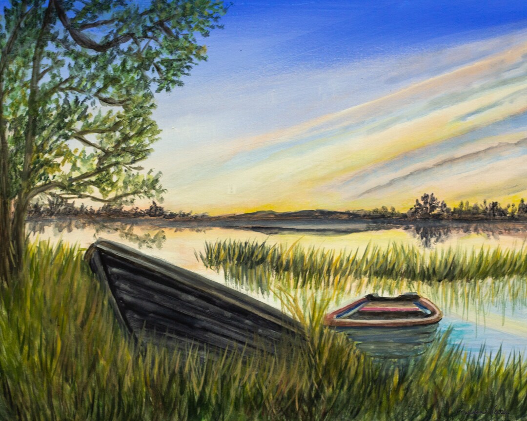 Marsh With Boats Print, Marsh Sunrise Print, Lake Life Print, Low ...