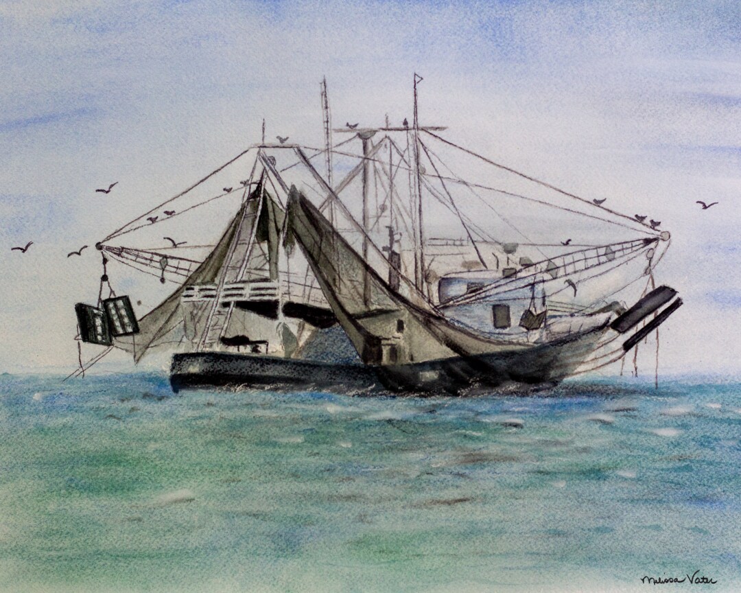 Shrimp Boat Print, Watercolor Boat Print, Fishing Boat Watercolor Print ...