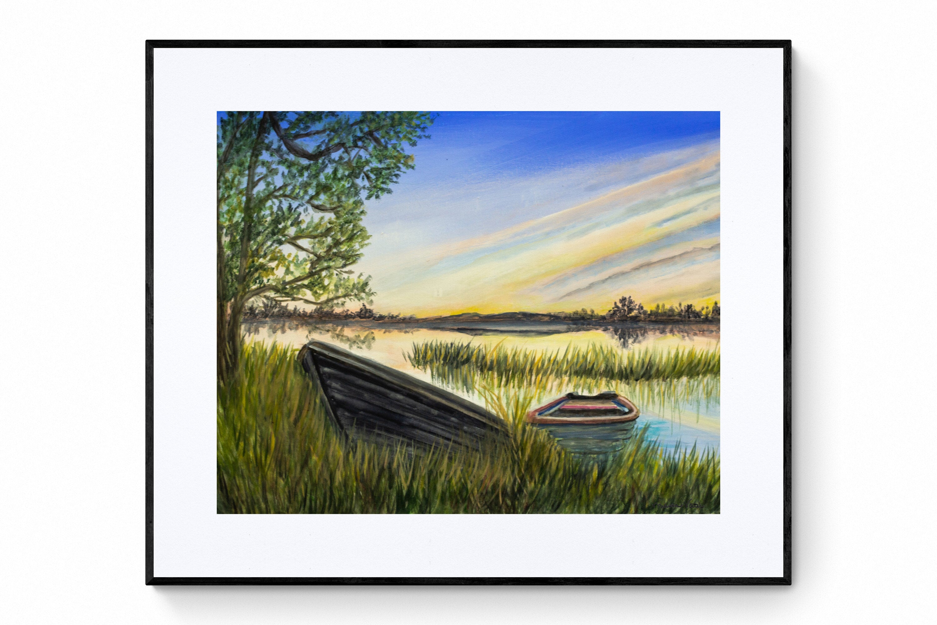 Marsh With Boats Print, Marsh Sunrise Print, Lake Life Print, Low ...