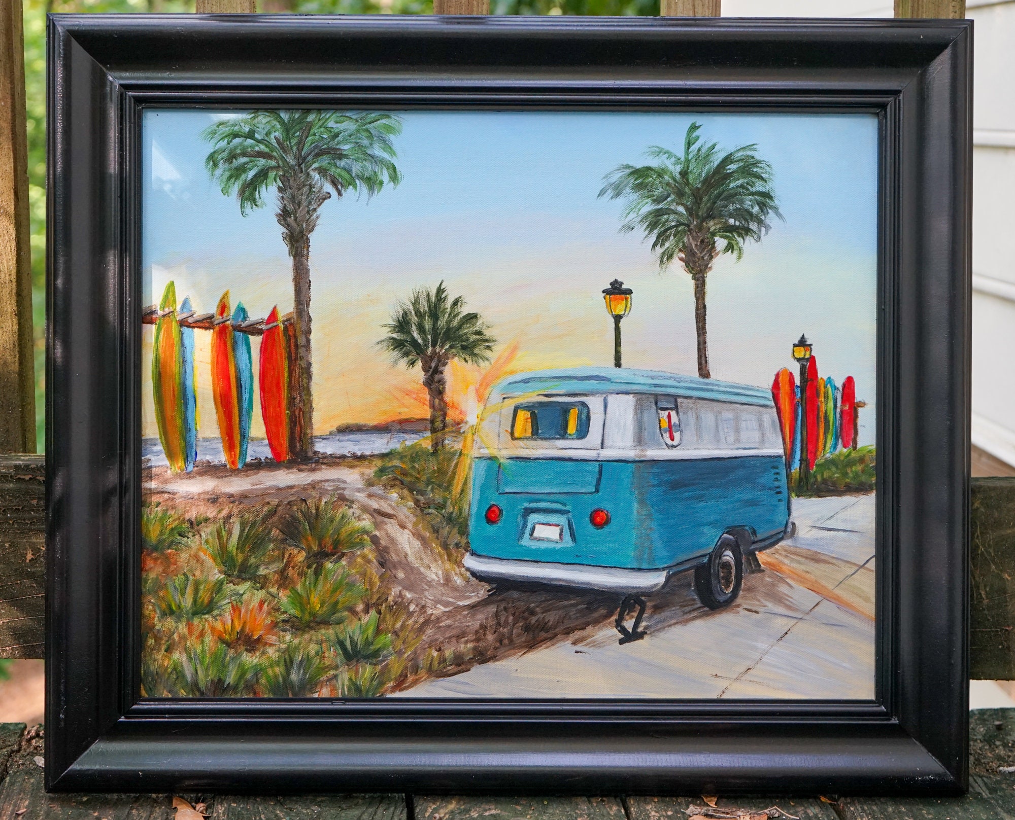 Original Framed Camper Van Beach Painting, Original Sunset Surf Van ...