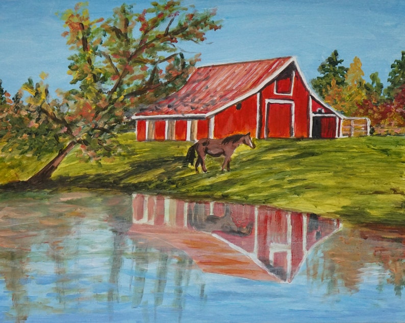 Red Barn Print, Barn With Pond Print, Farm Wall Art, Farmhouse Decor ...