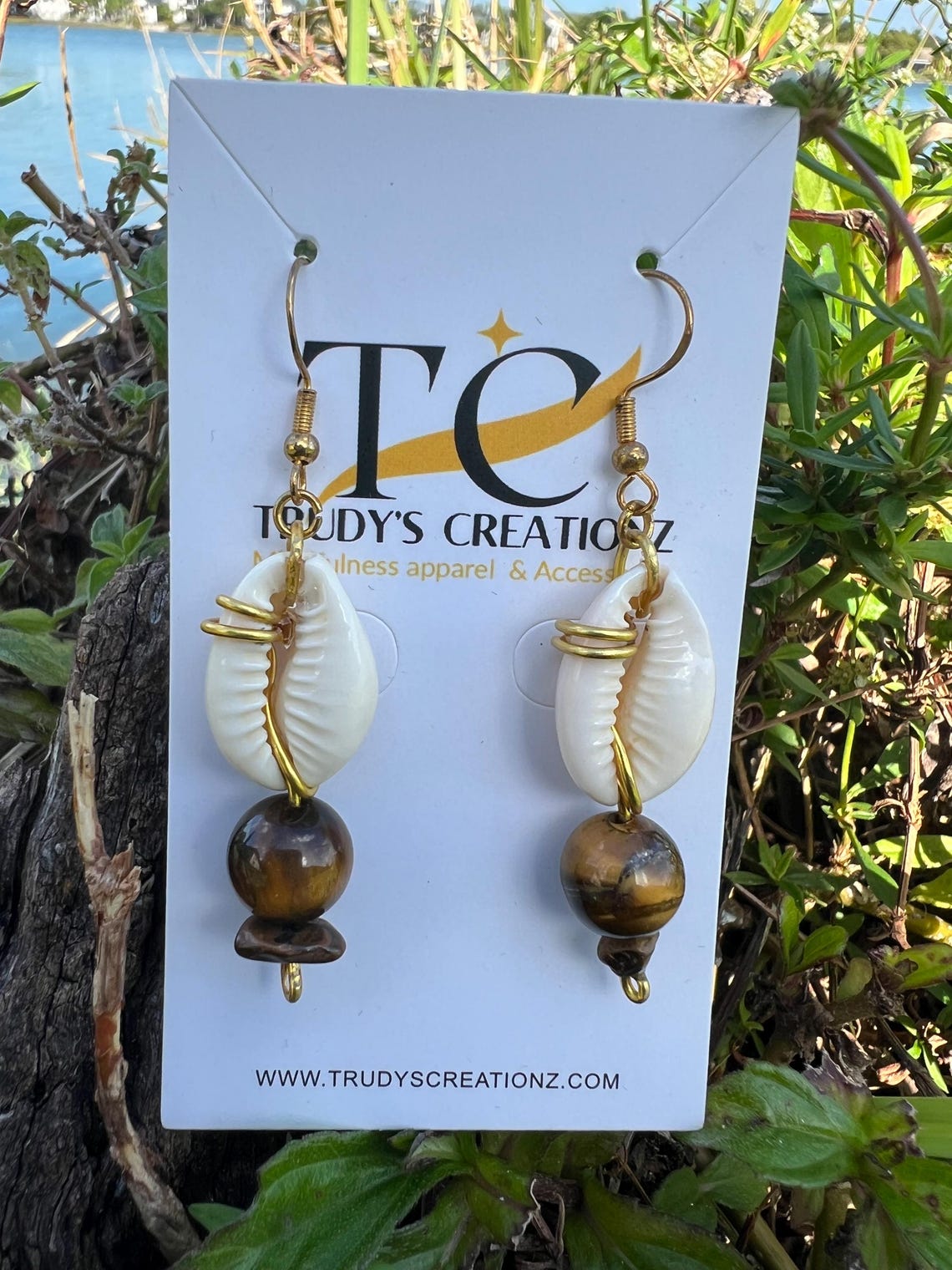 Cowrie, Tigers Eye Crystal Handmade Earrings. - Etsy