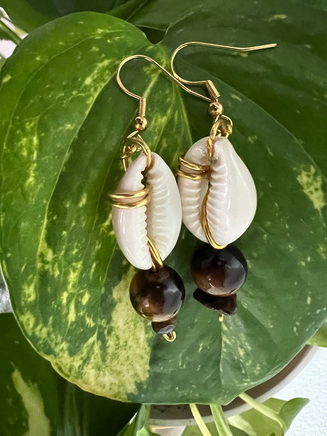 Cowrie, Tigers Eye Crystal Handmade Earrings. - Etsy