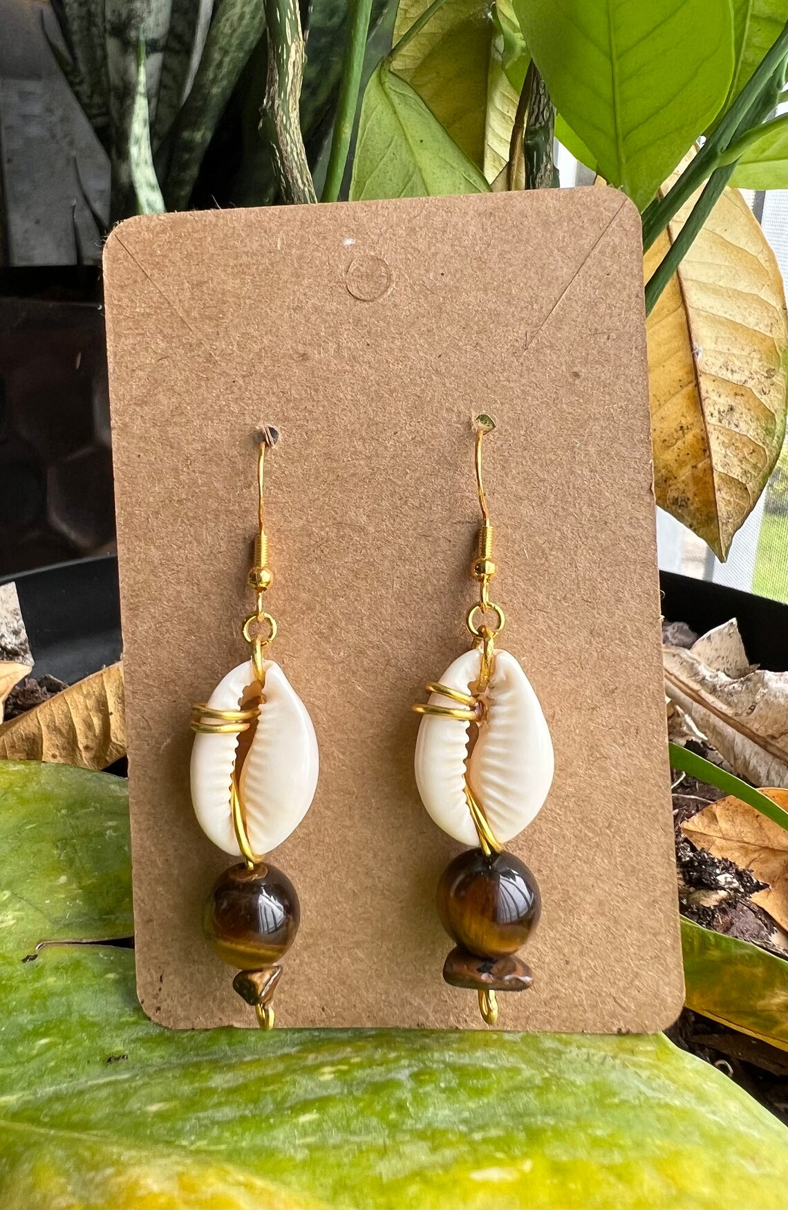 Cowrie, Tigers Eye Crystal Handmade Earrings. - Etsy
