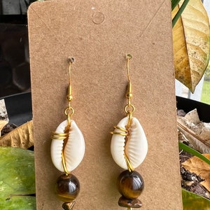 Cowrie, Tigers Eye Crystal Handmade Earrings. - Etsy