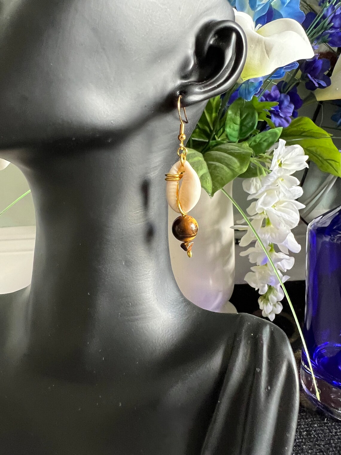 Cowrie, Tigers Eye Crystal Handmade Earrings. - Etsy