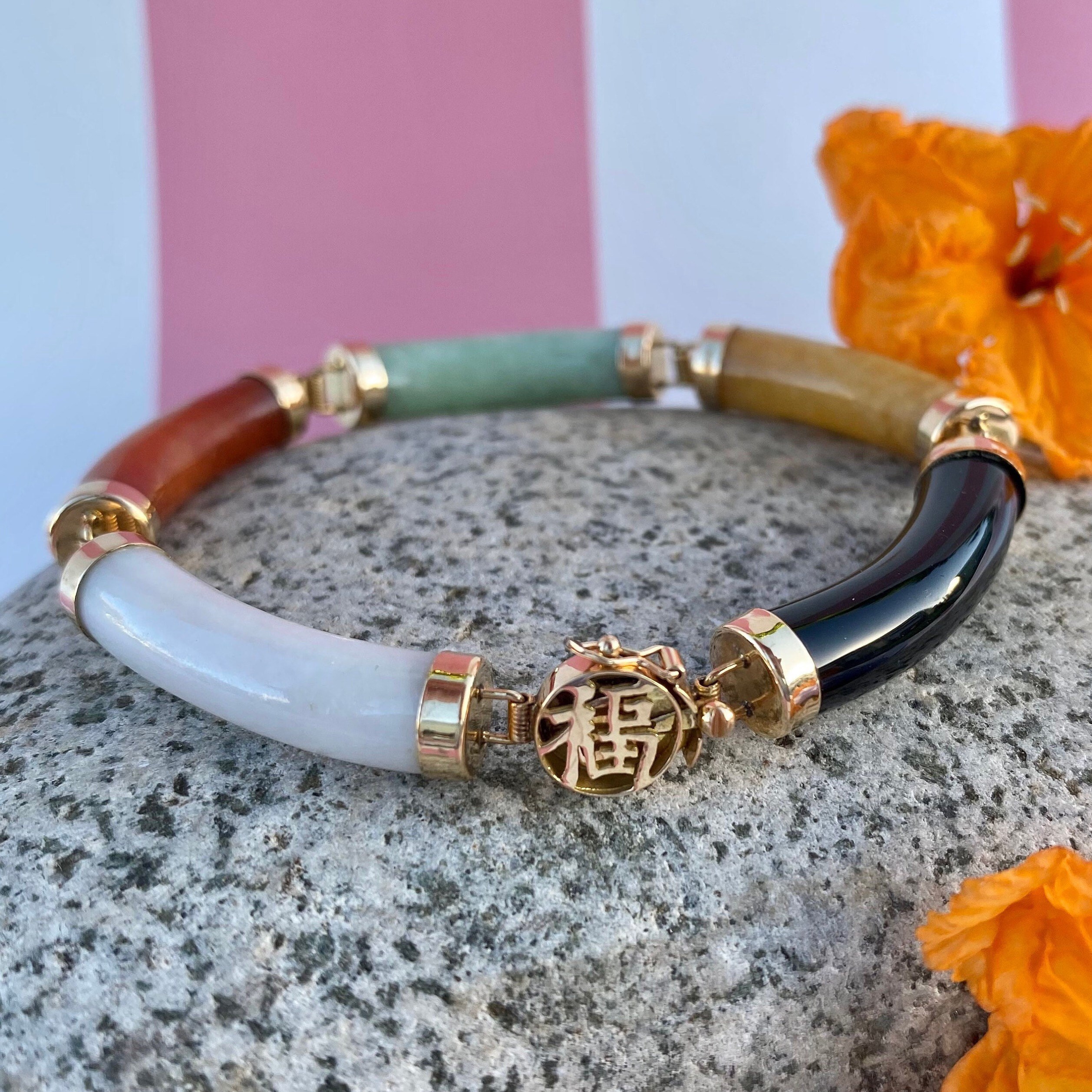 Vintage 14k Multi Color Jade Onyx Link Bracelet Red Green White Black ...