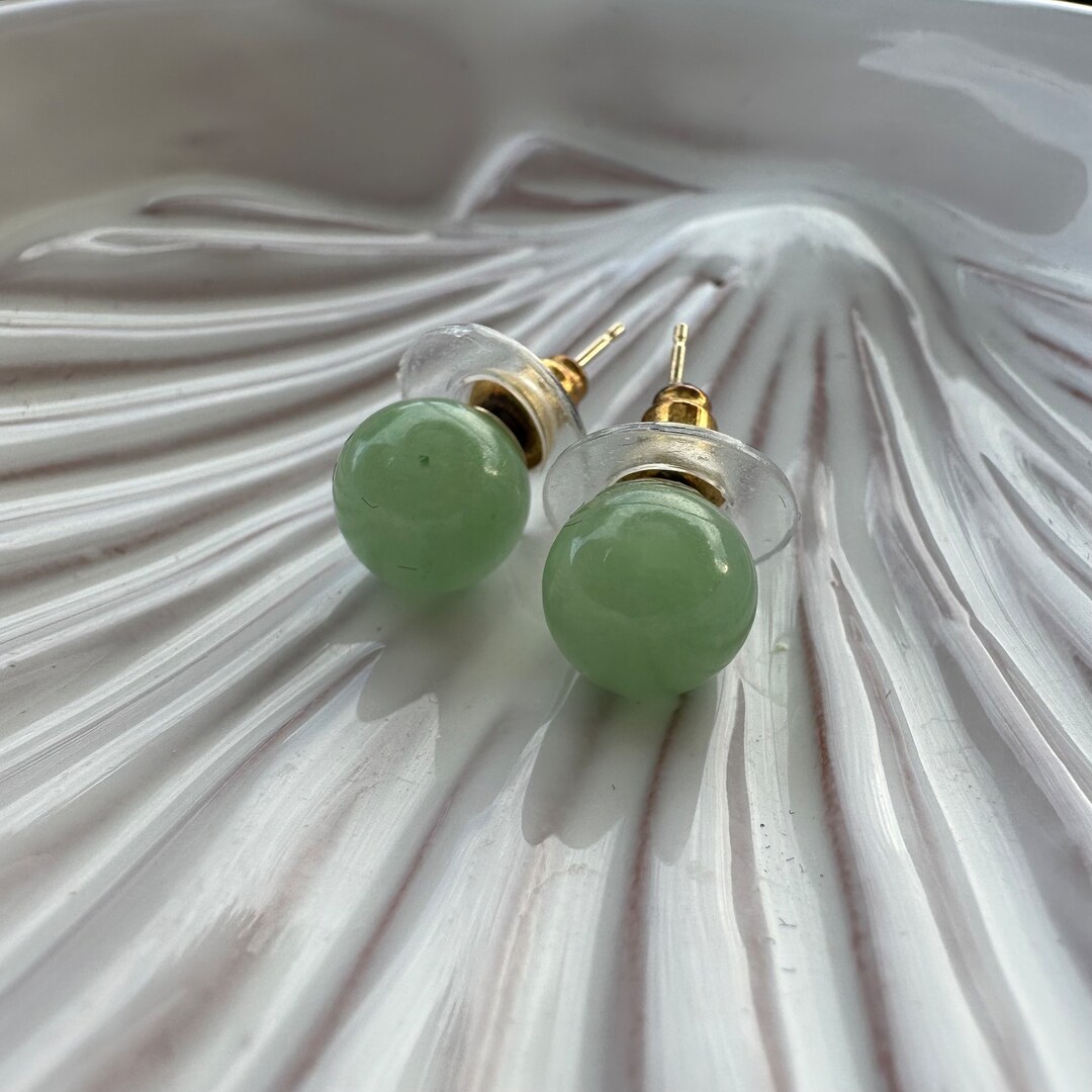 14K Yellow Gold Green Jade Ball Stud Earrings - Etsy