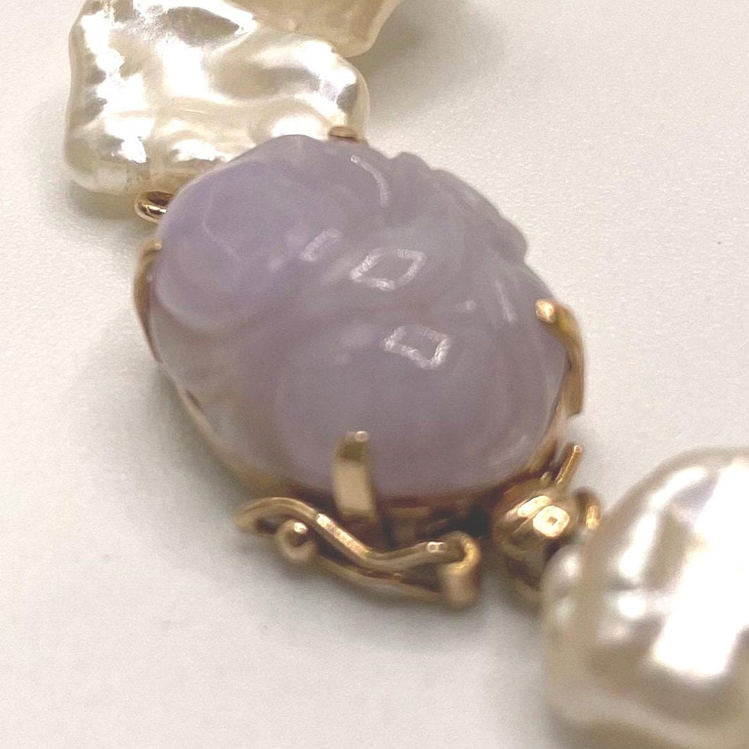 Carved Lavender Jade 14K Yellow Gold Clasp Baroque Freshwater Pearl ...