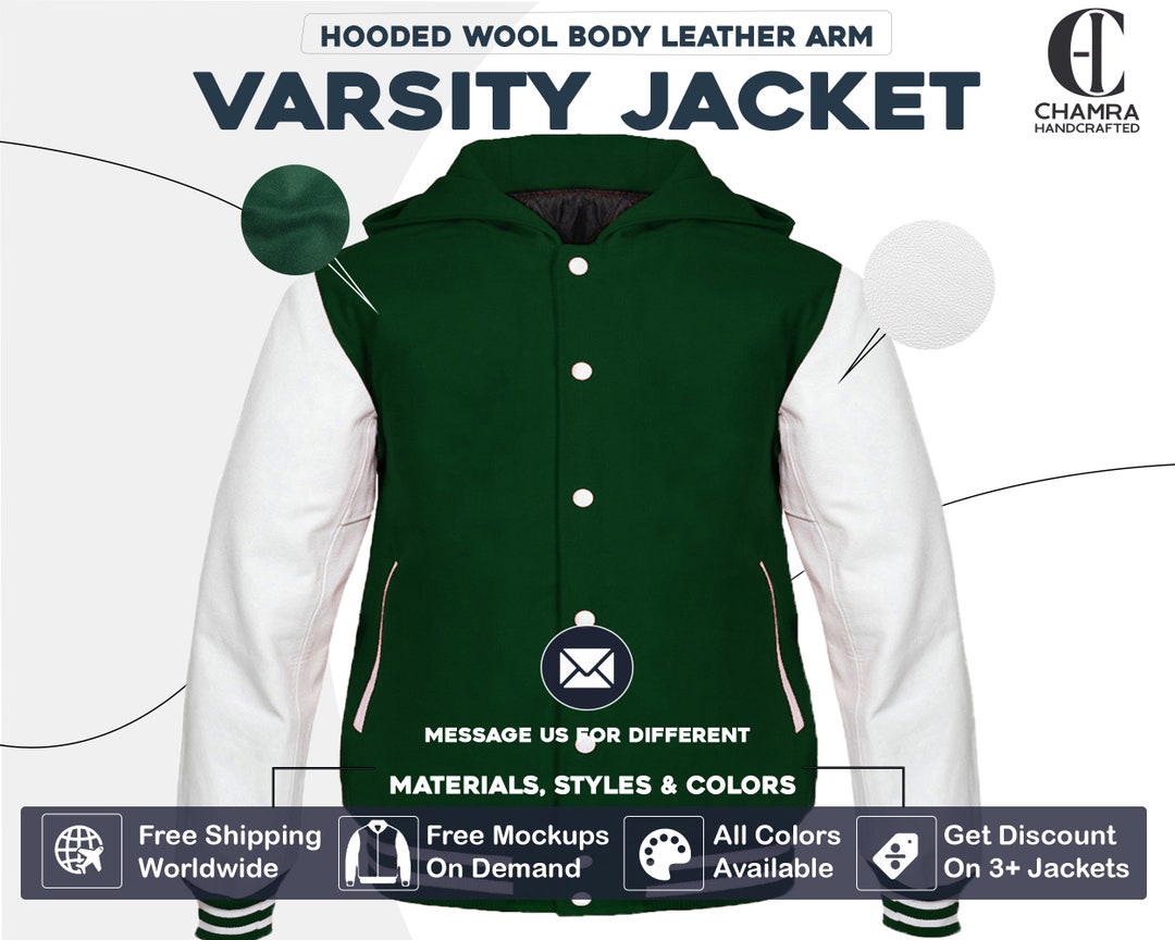 Varsity Letterman Hoodie Jacket for Men Women & Kids Green and White ...