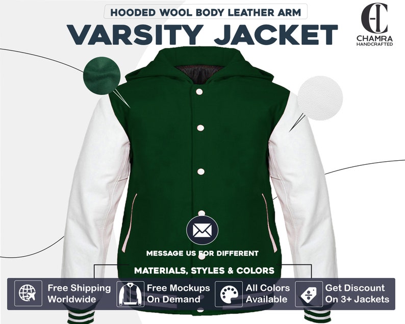 Varsity Letterman Hoodie Jacket for Men Women & Kids Green and White ...