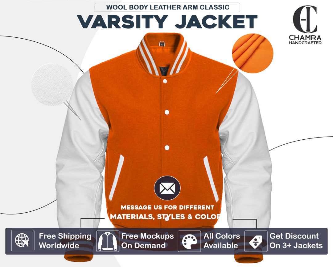 Varsity Letterman Jacket for Men Women & Kids Orange Body White Sleeves ...