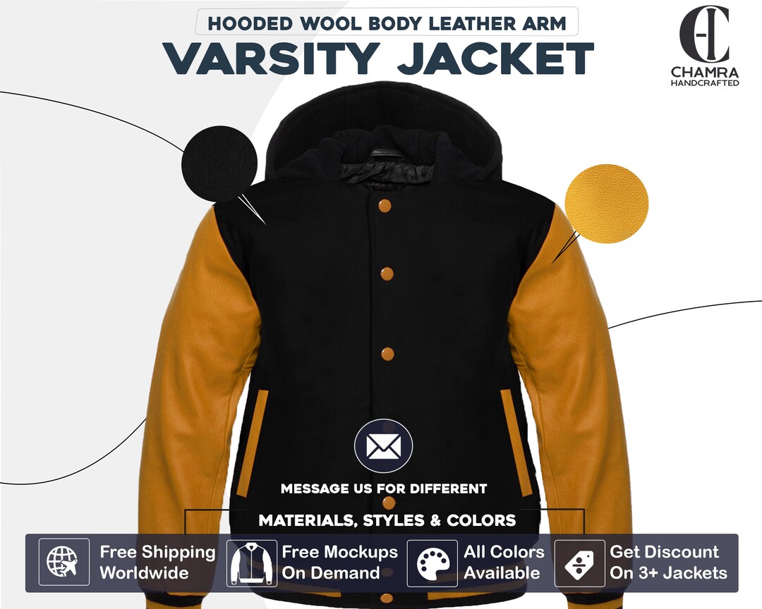 Varsity Letterman Hoodie Jacket for Men Women & Kids Black and Black ...