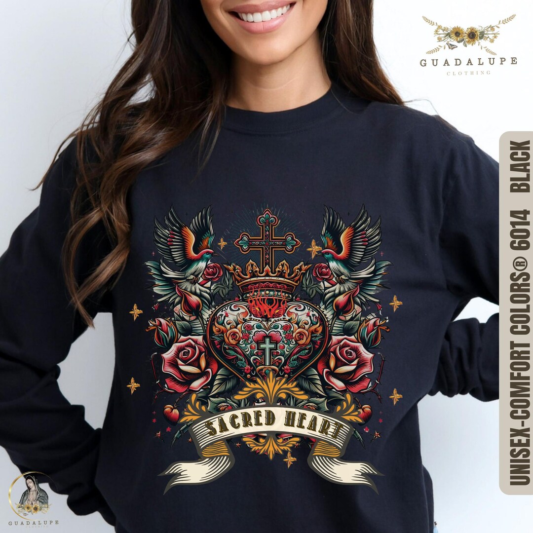 Vintage Style Sacred Heart of Jesus Long Sleeve T-shirt, Unisex ...