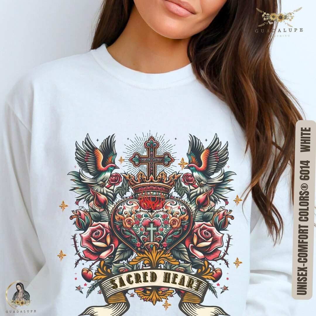 Vintage Style Sacred Heart of Jesus Long Sleeve T-shirt, Unisex ...