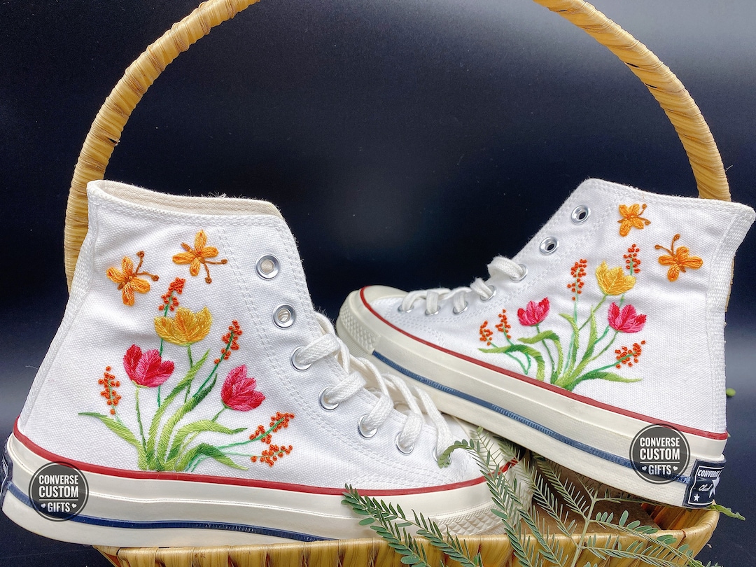 Floral Embroidered Converse Shoes: Custom Hand-stitched Sneakers - Etsy