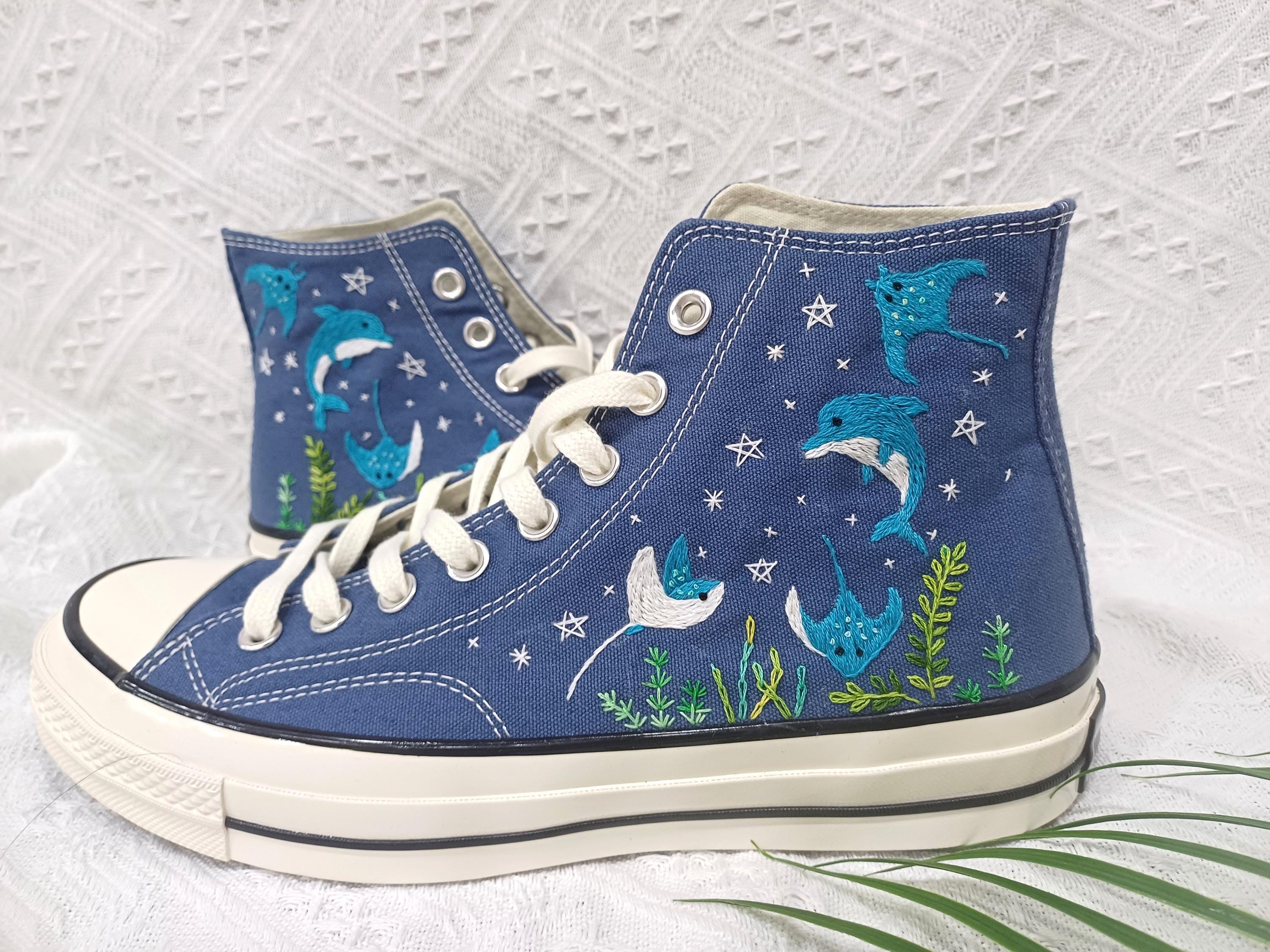 High-top Converse Shoes With Ocean Scene Embroidery/ Embroidered ...
