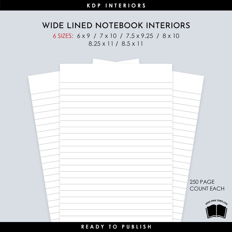Wide Lined Notebook Interiors in 250 Page Count and 6 Different Sizes ...