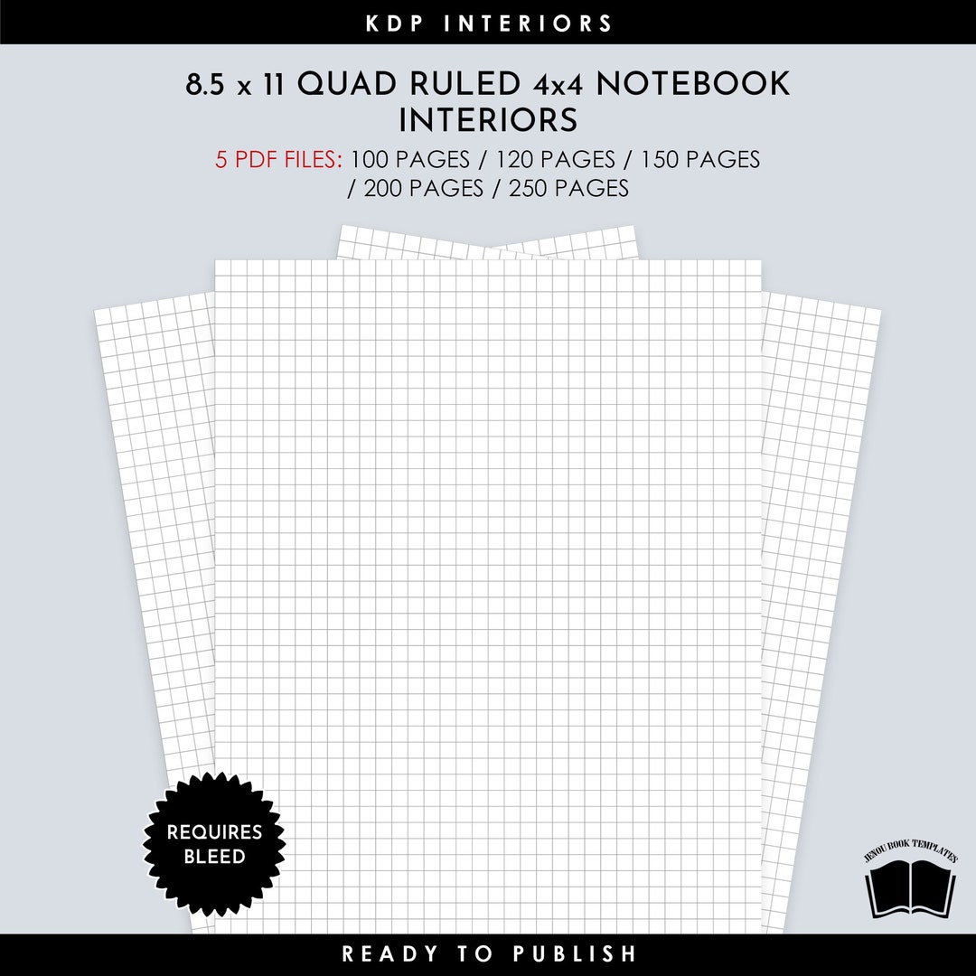 8.5 X 11 Quad Ruled 4x4 Graph Paper Interiors in 5 Different Page ...