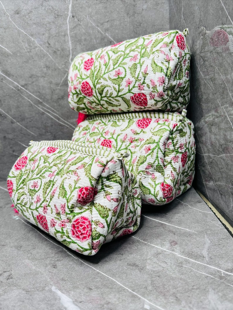 Indian Floral Quilted Cosmetic Bag Set: Handmade Toiletry Travel ...
