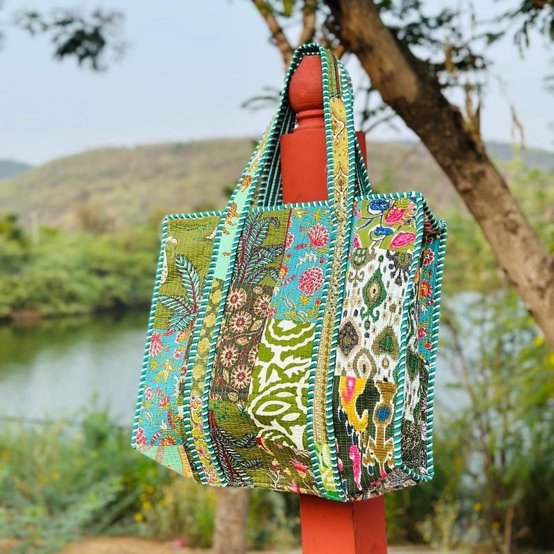 Block Print Quilted Cotton Tote Bag: Large Indian Handbag - Etsy