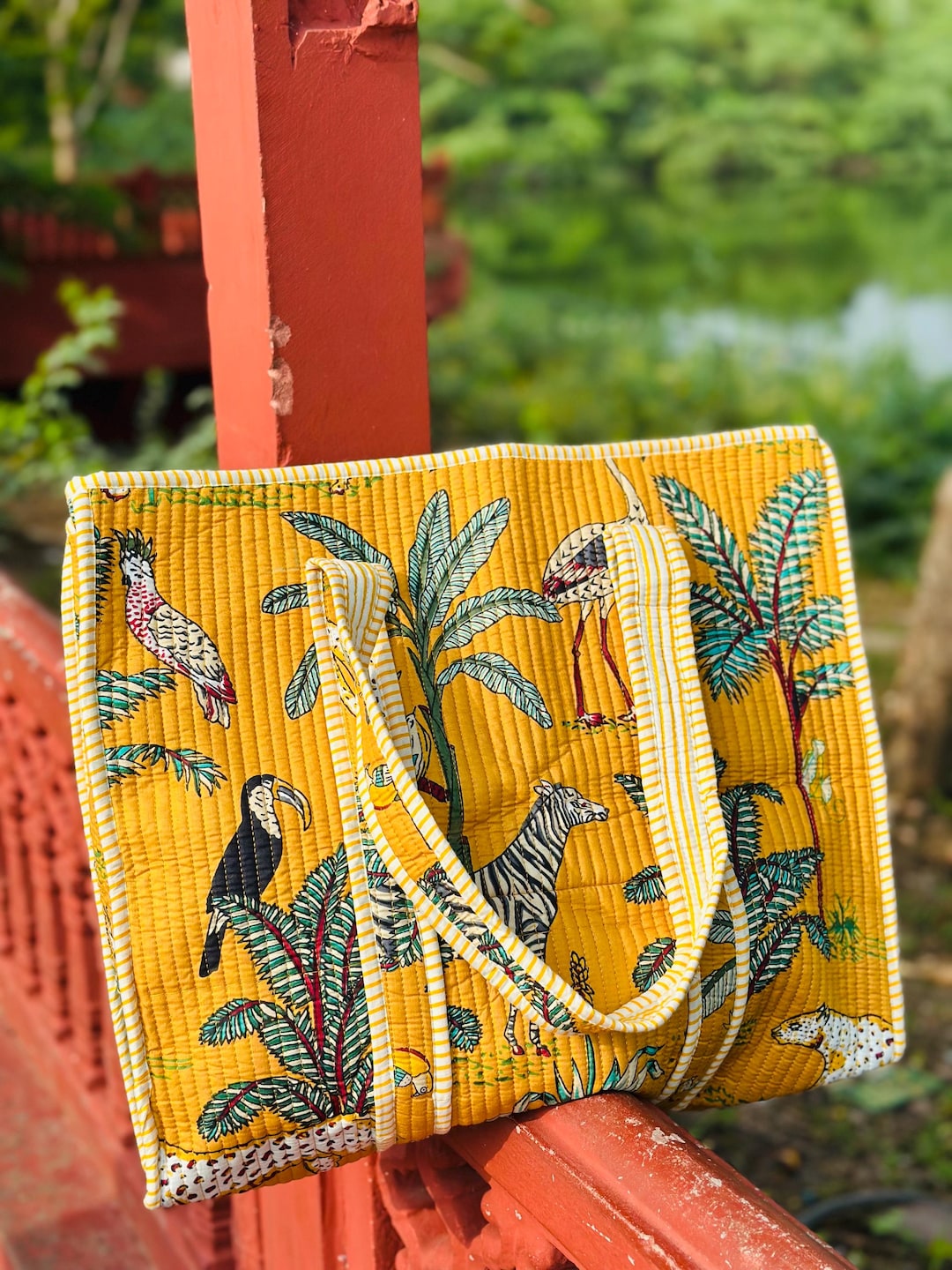 Quilted Cotton Tote Bag: Jungle Block Print, Handmade Zippered Beach ...
