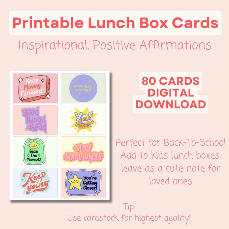 Lunchbox Note Cards Printable Inspirational Affirmations Back to School ...