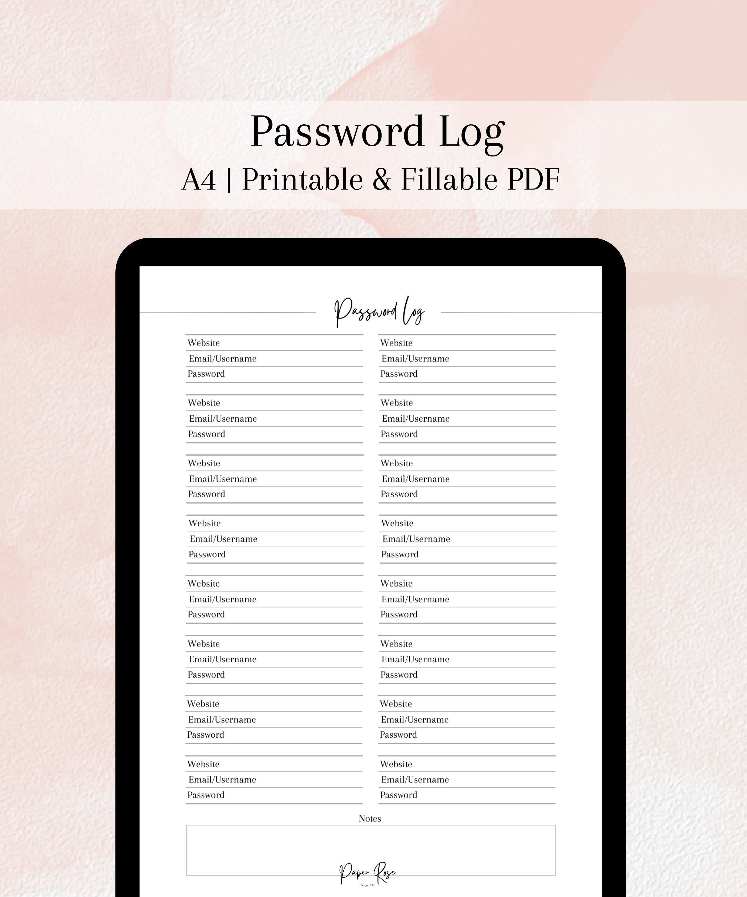 Printable Password Log | Keeper | Tracker | List | Fillable Digital ...