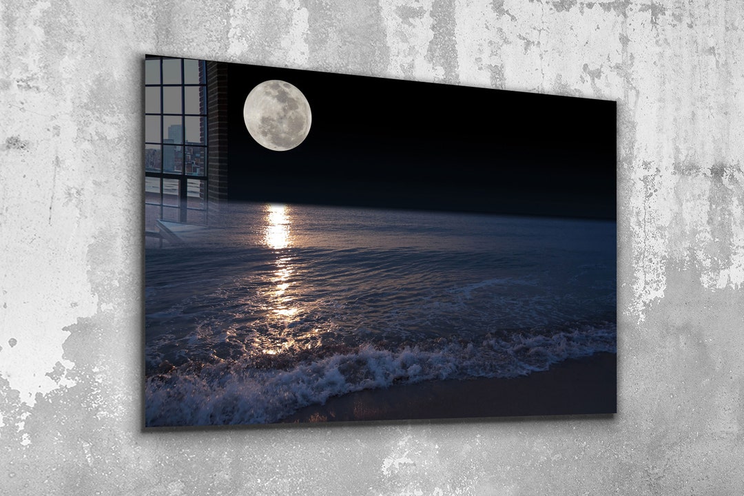 Night and Full Moon,night Beach,beach Wave Canvas Decor, Glass Wall Art ...