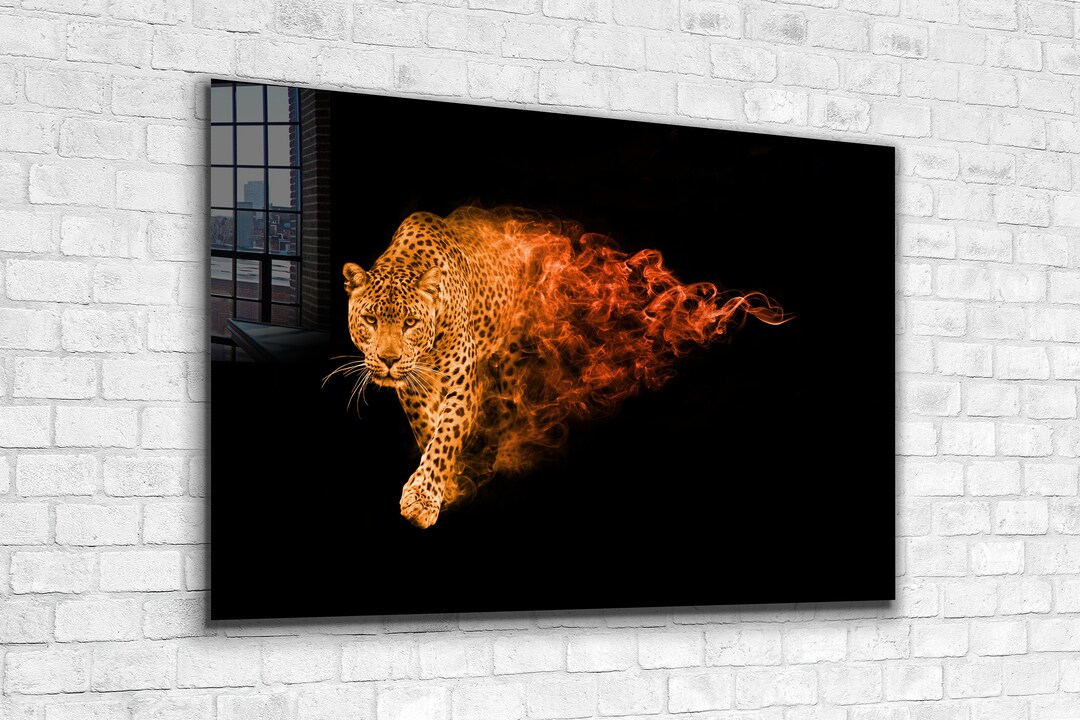 Fiery Leopard Glass Wall Art: Modern Animal Canvas Decor - Etsy