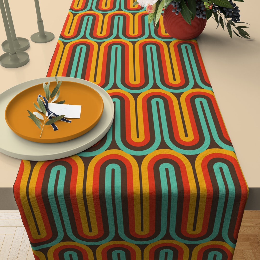 10 Retro Geometric Table Runner, Brown Orange Fabric, Mid Century ...