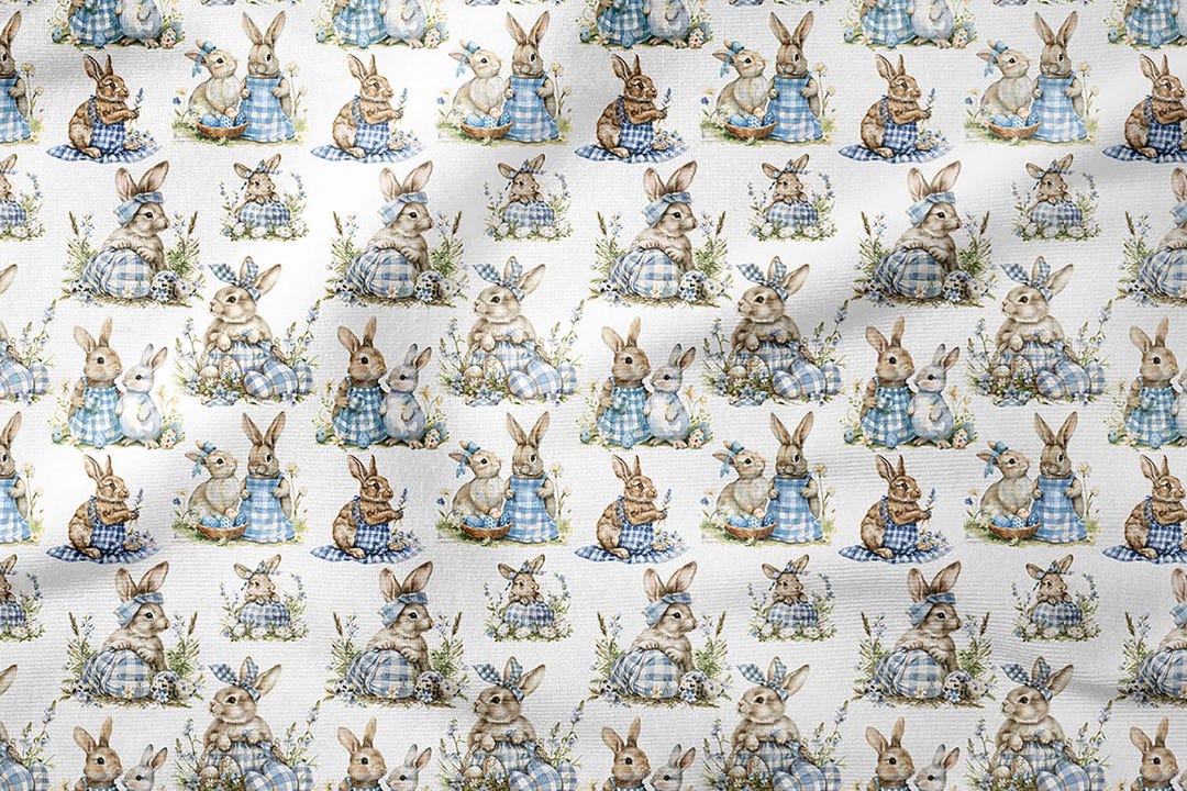 Easter Fabric -rustic Easter Bunnies & Blue Gingham Pattern Fabric ...