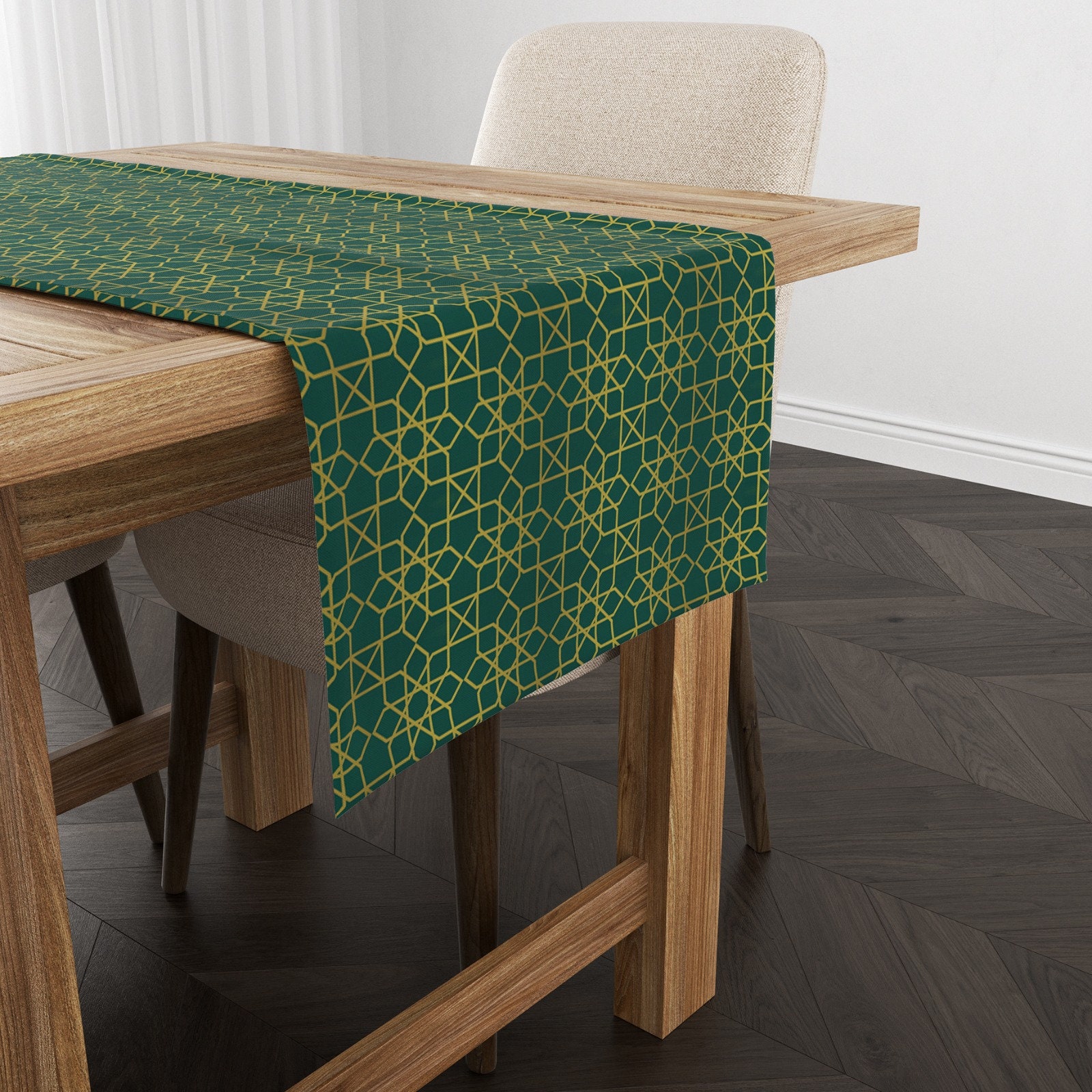 Arabic Table Runner-dark Green Backdrop Authentic Pattern Design Fabric ...
