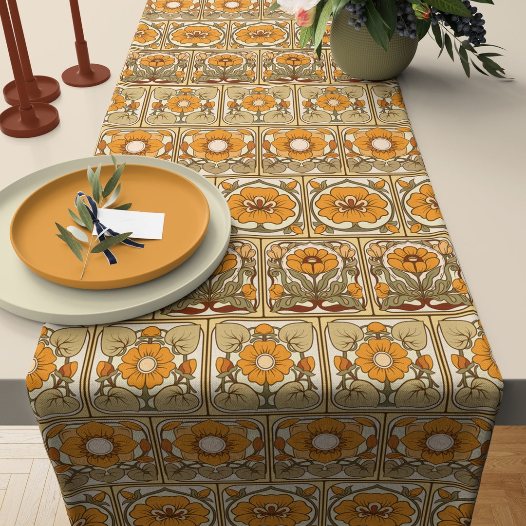 1 Retro Geometric Table Runner, Brown Orange Fabric, Mid Century ...