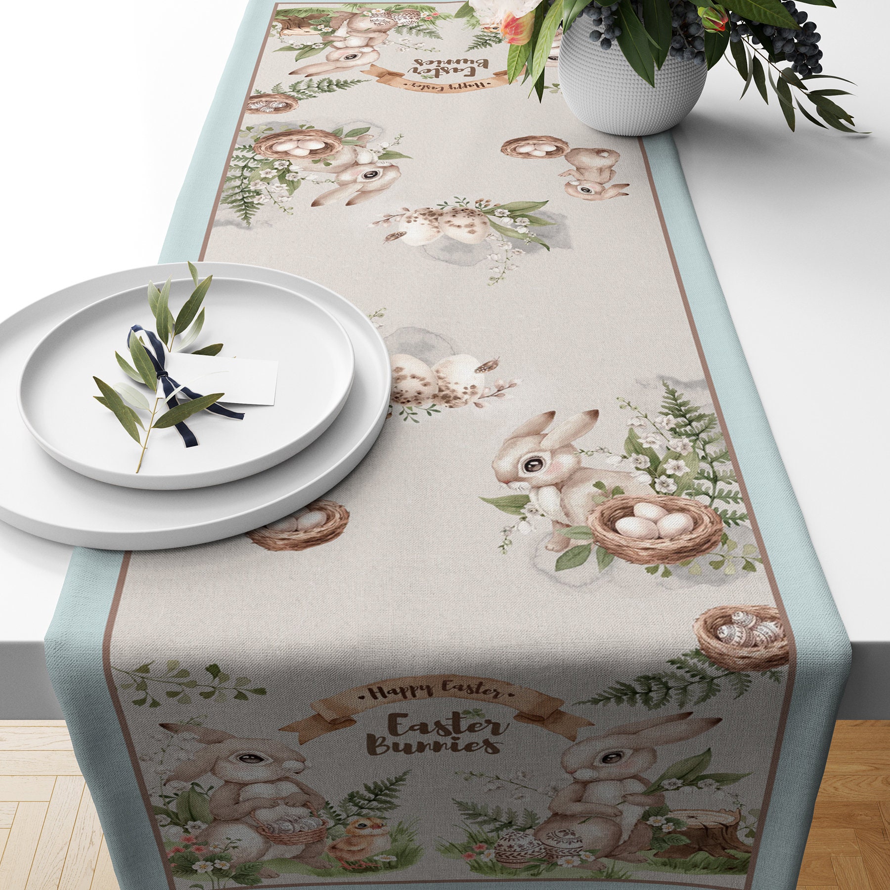 Happy Easter Trend Table Runner Rabbit and Eggs High Quality Table ...