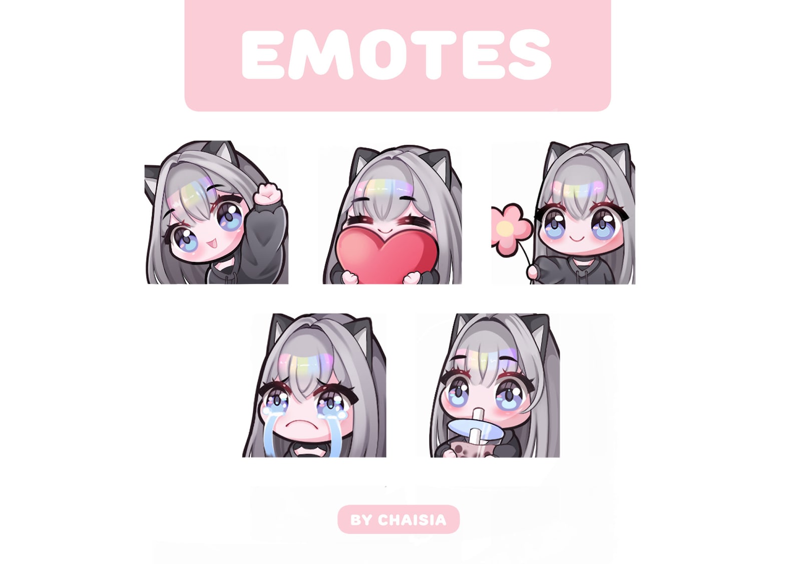 Cute Grey Hair Cat Girl Sticker Emotes Set Bundle for Twitch Streamers ...