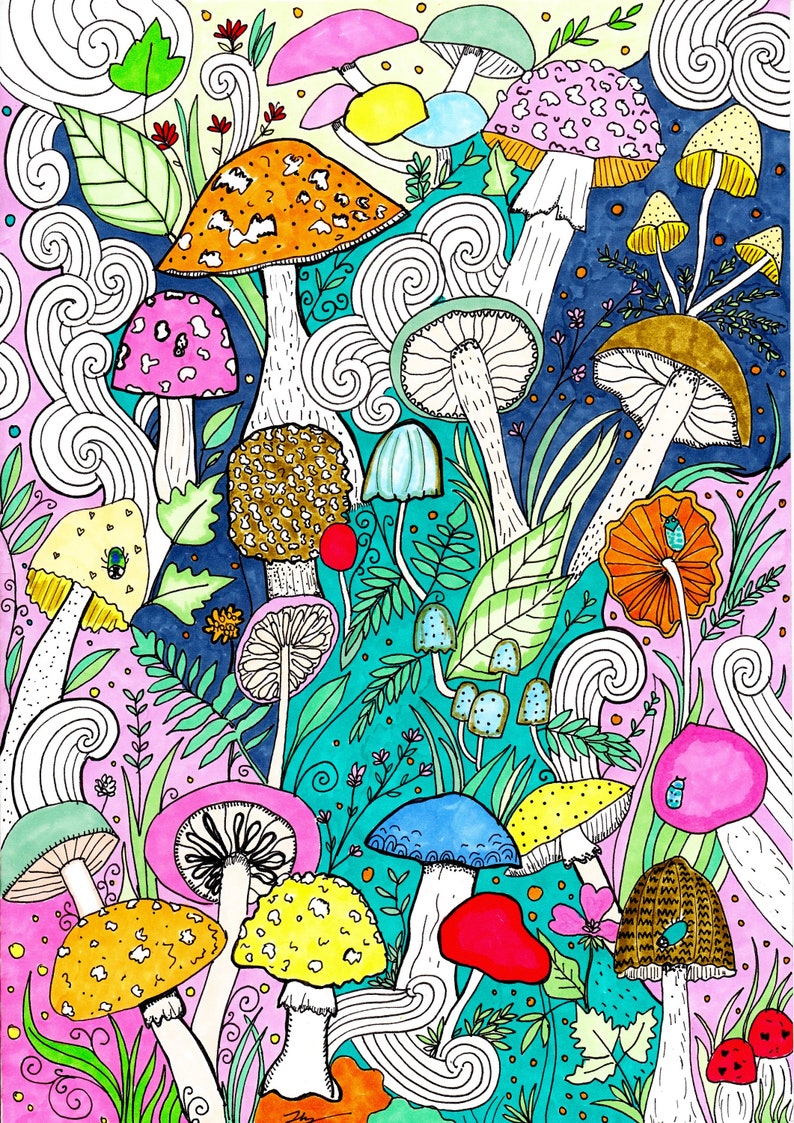 A4 Printable Colouring Page for Adults Magic Mushroom Original Design ...