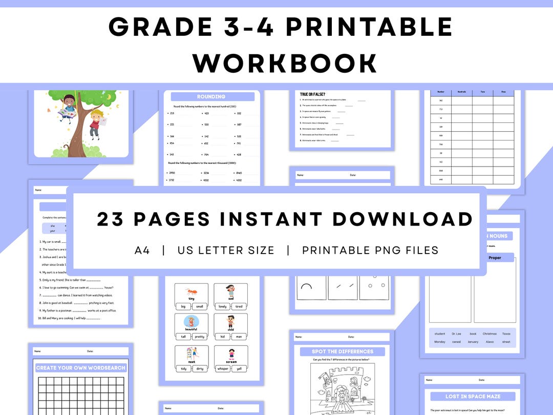 23 Page- Grade 3-4 Worksheets for Kids, Math Grammar Age 8 9 10, Fun ...