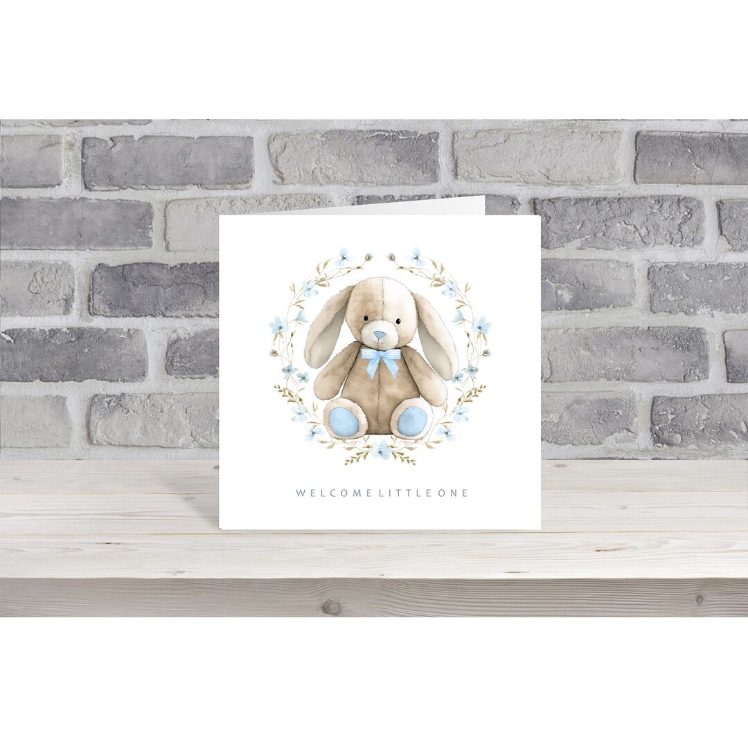 Baby Card/new Baby Card/welcome Little One/rabbit Baby Card/blue Baby ...