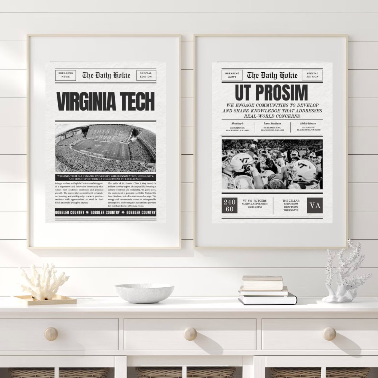 Virginia Tech Wall Prints // Set of 2 // Go Hokies, Classy Dorm Room ...
