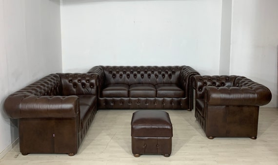 ENGLISH CHESTERFIELD Sofa Sessel Garnitur Couchgarnitur Vollleder VINTAGE Etsy