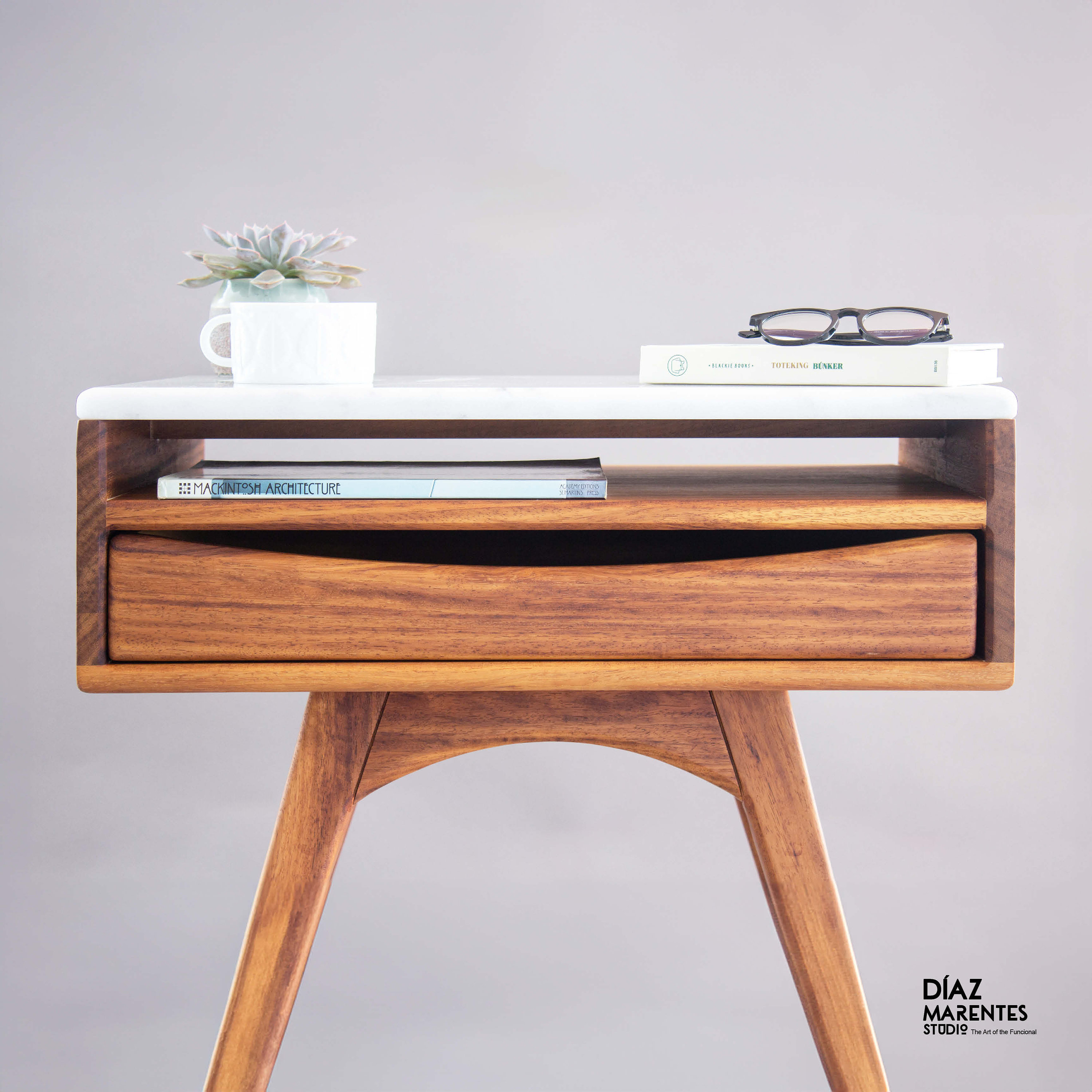 Handmade Wooden & Marble Nightstand With Drawer Modern Minimalist ...