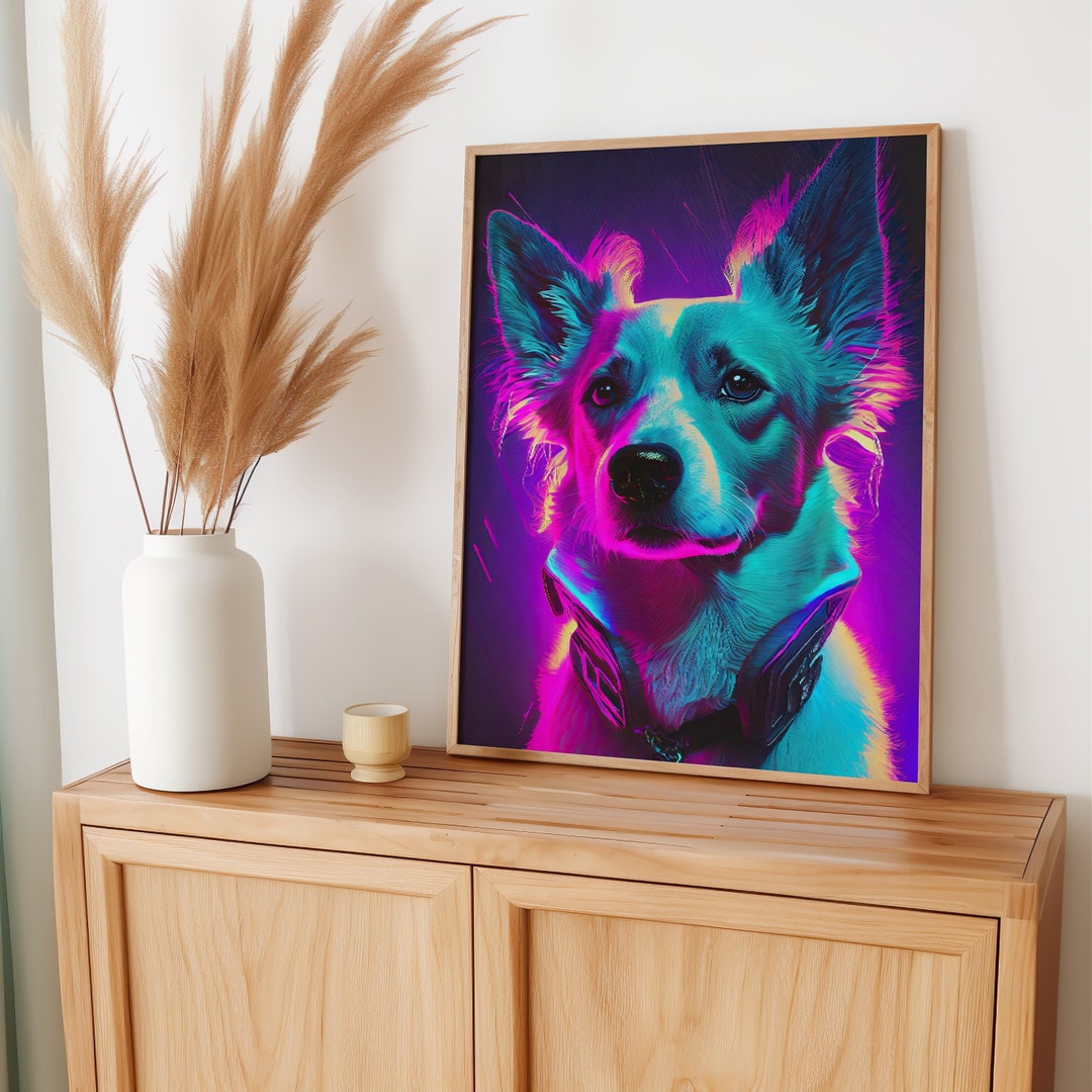 Cyberpunk Dog Portrait Modern Prints Neon Dog Poster Neon Wall Decor ...